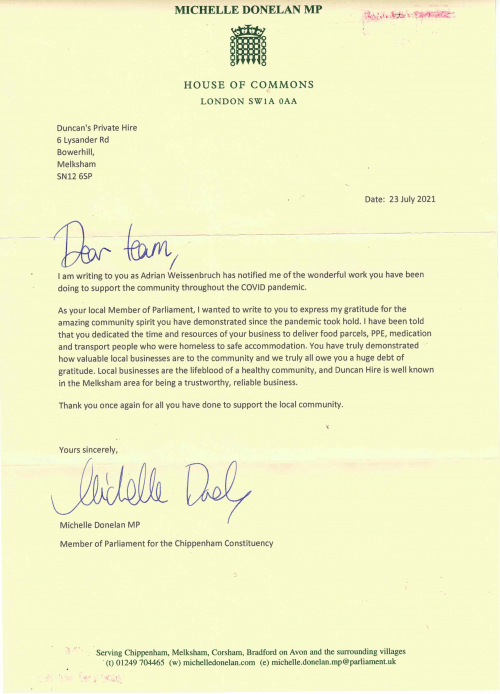 Duncan Private Hire Receive MP Thanks For Community Support During Pandemic